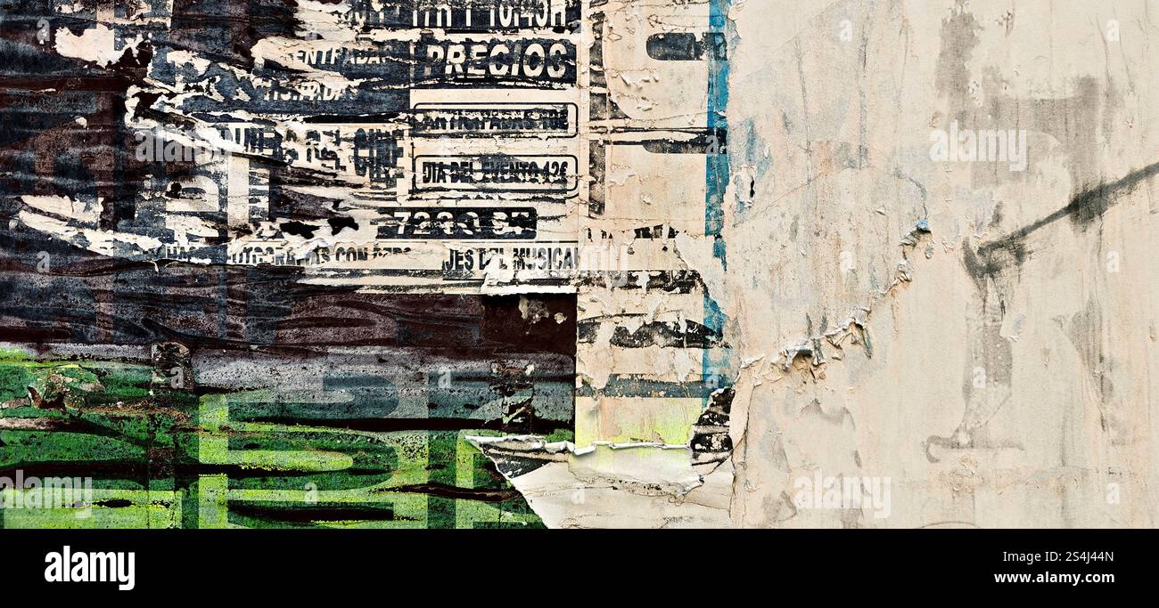 Old torn urban street posters background. Creased ripped paper placards ...