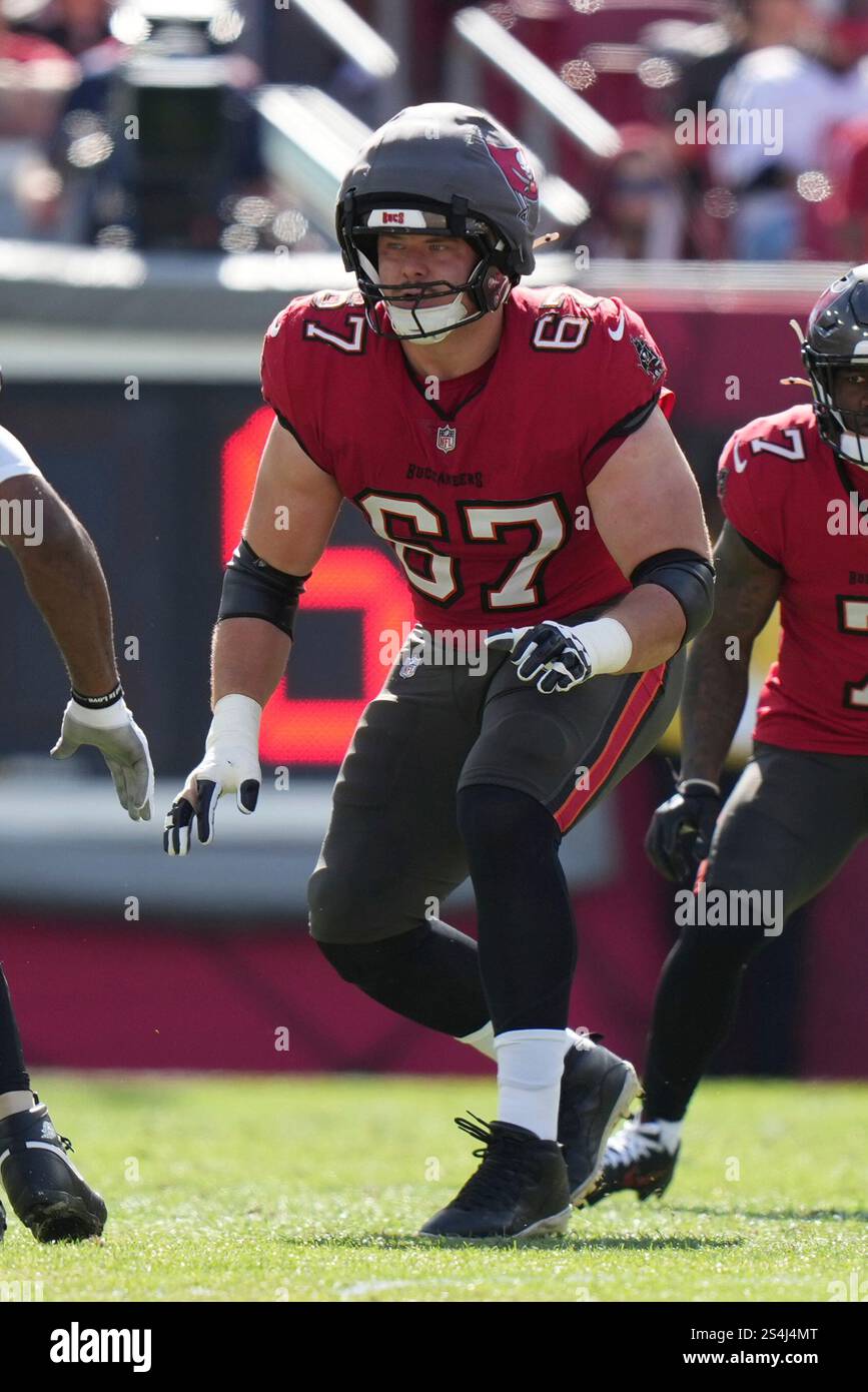 Tampa Bay Buccaneers offensive tackle Luke Goedeke (67) moves to make a ...