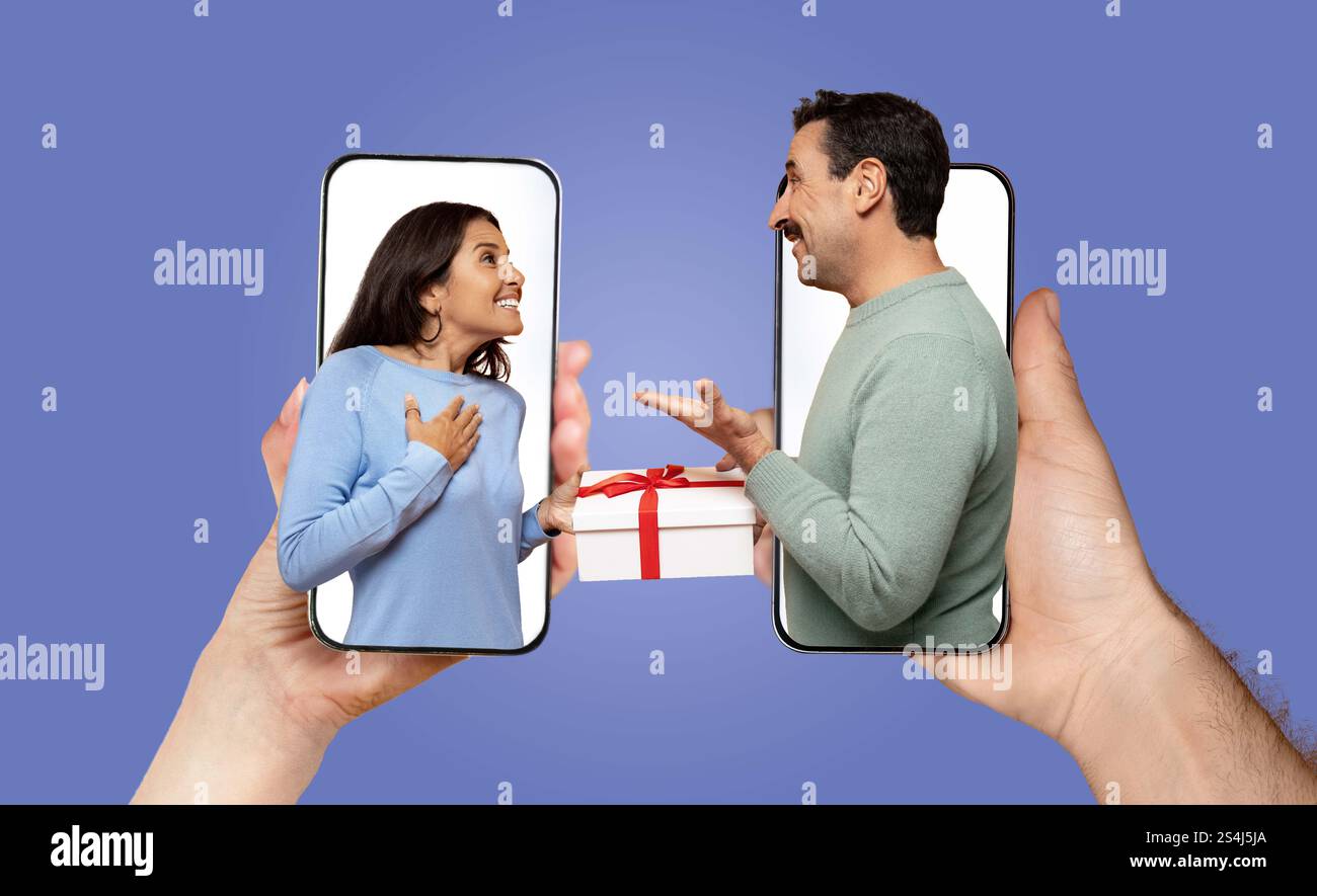 Couple sharing joy through technology while celebrating their love ...