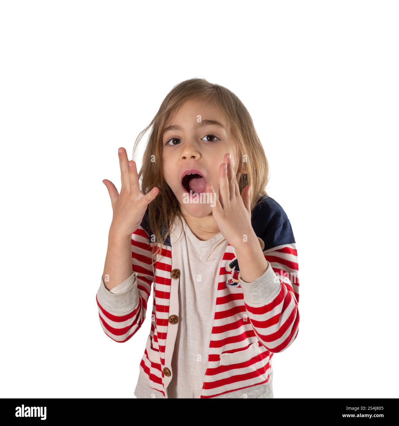 Portrait of a cute girl makes an expression of wonder. Photographed on ...