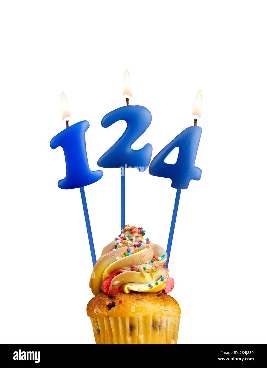 Candle in shape of the number 124 - Blue birthday on a white background ...