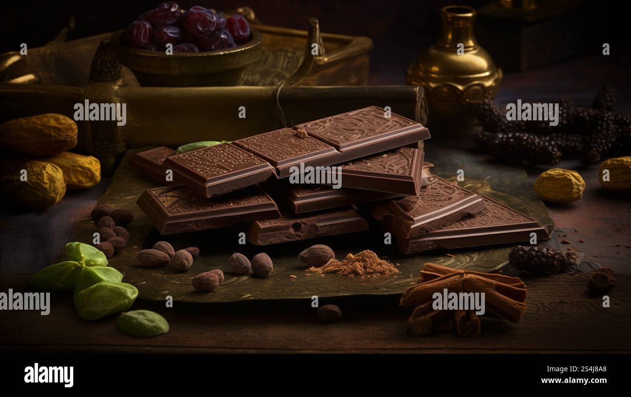 Collection of chocolate bars, top view, arranged neatly on a surface ...