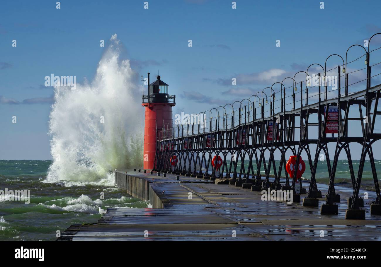 South Haven Lighthouse with surf Stock Photo - Alamy