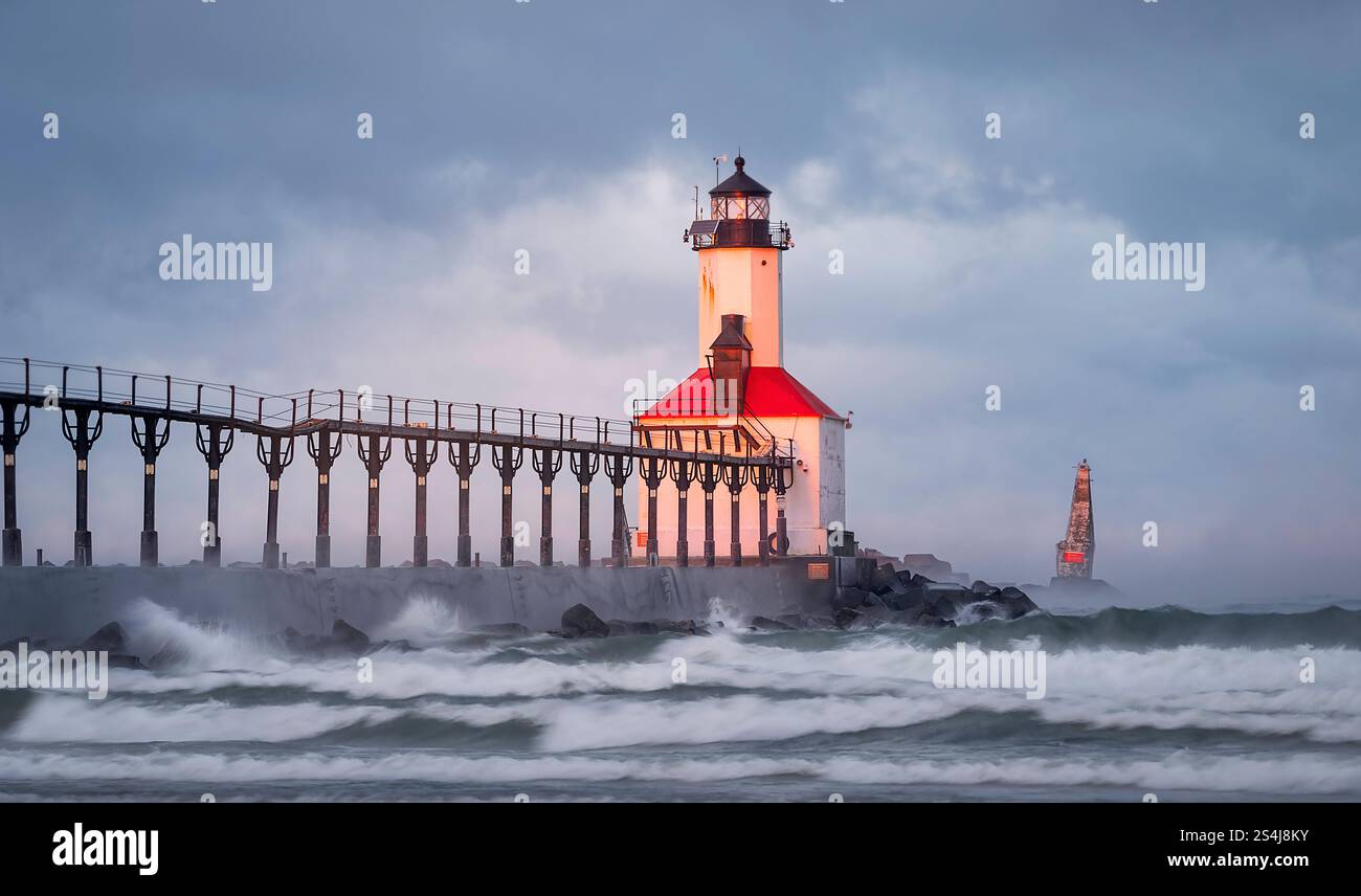 Michigan City Lighthouse at a stormy day Stock Photo - Alamy