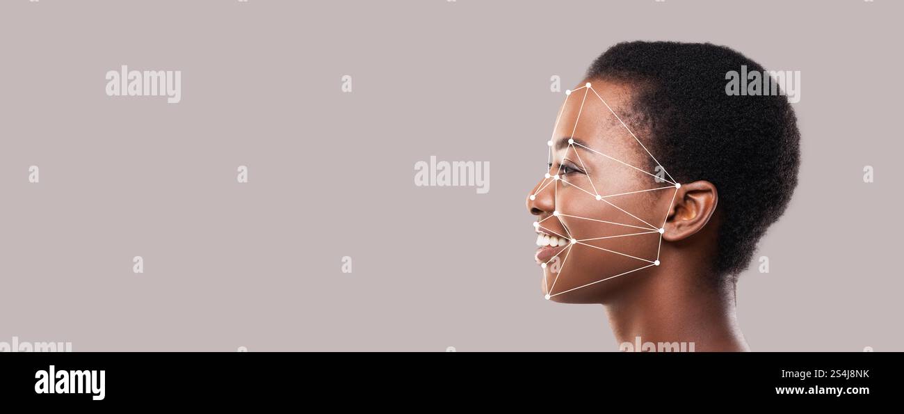Facial recognition technology illustrating identification on a woman's ...