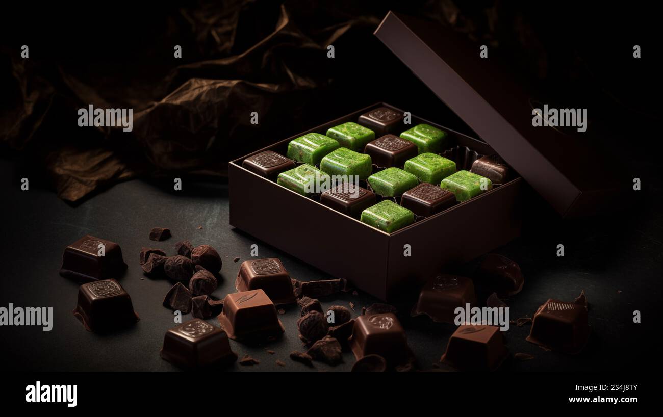 Collection of chocolate bars, top view, arranged neatly on a surface ...
