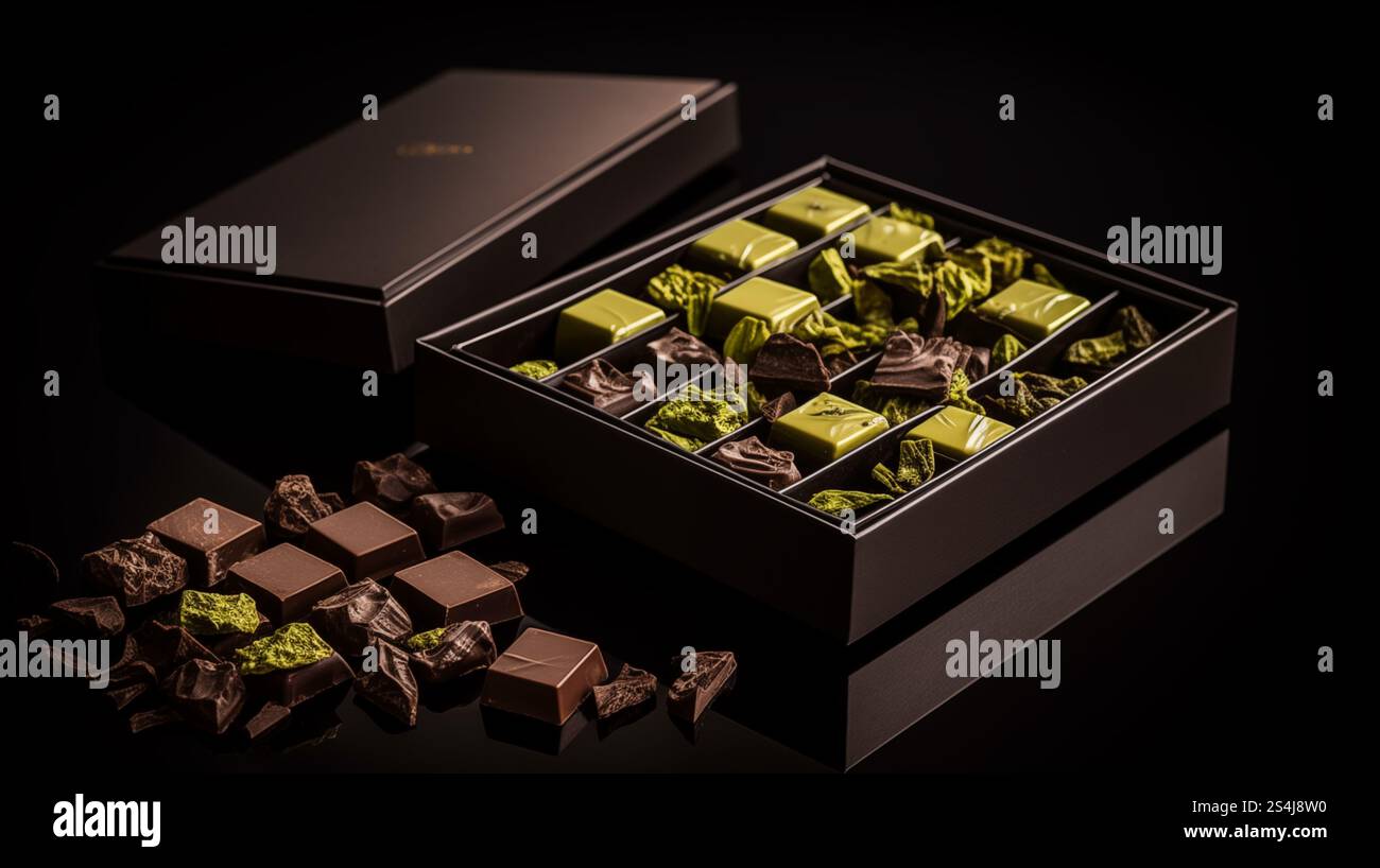 Collection of chocolate bars, top view, arranged neatly on a surface ...