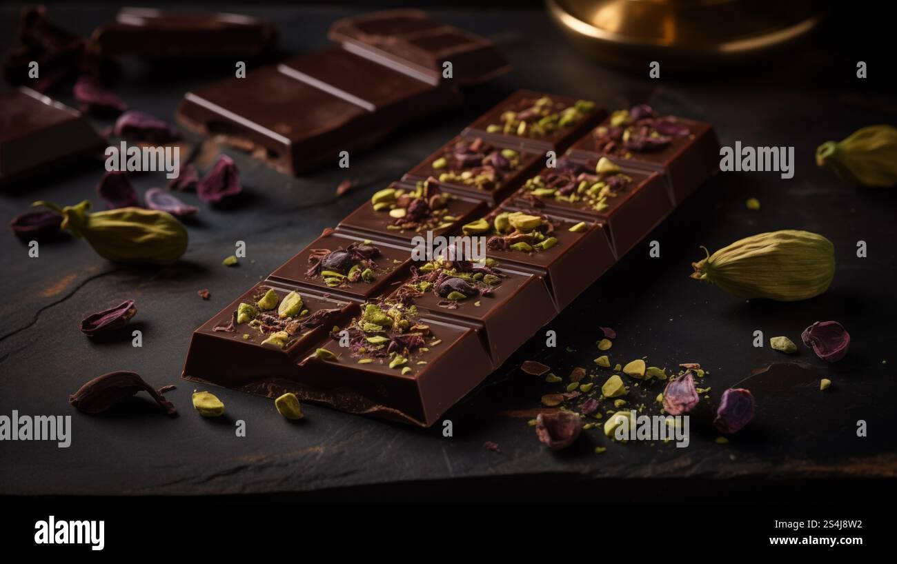 Collection of chocolate bars, top view, arranged neatly on a surface ...