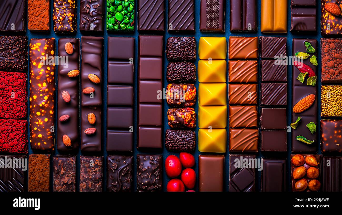 Collection of chocolate bars, top view, arranged neatly on a surface ...
