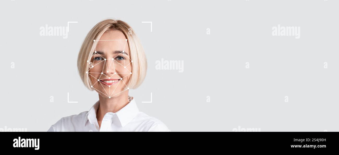 Facial recognition technology used for identification with a smiling ...