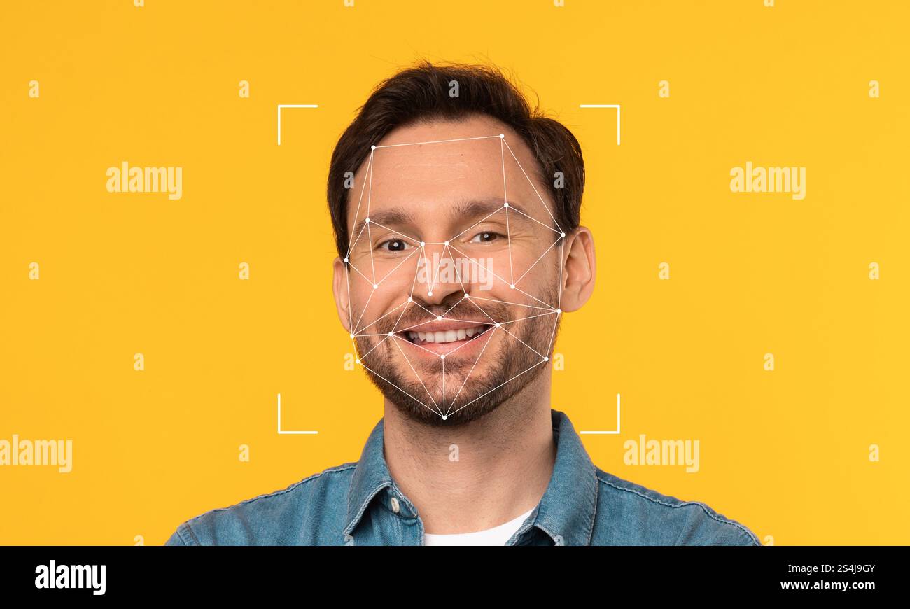 Facial recognition tech with a smiling person on a yellow background ...