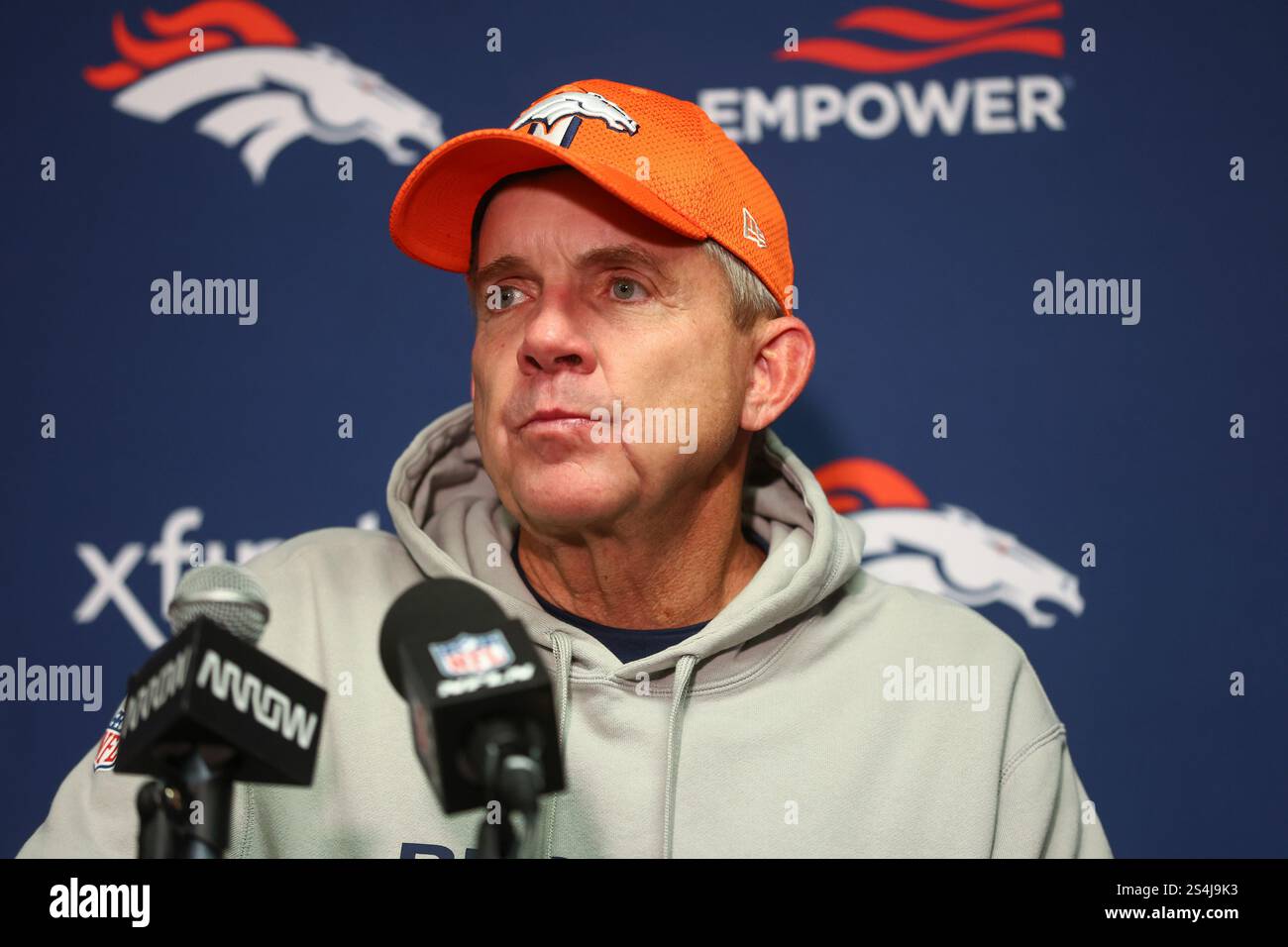 Denver Broncos head coach Sean Payton answers questions during a news ...