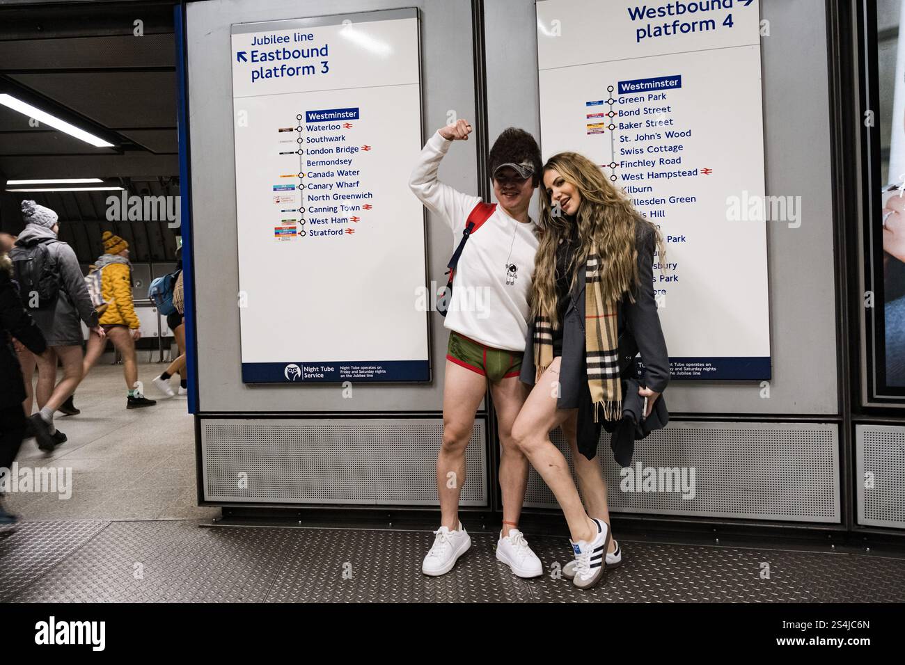 Two participants pose for a photo. The No Trousers Tube Ride 2025 has ...