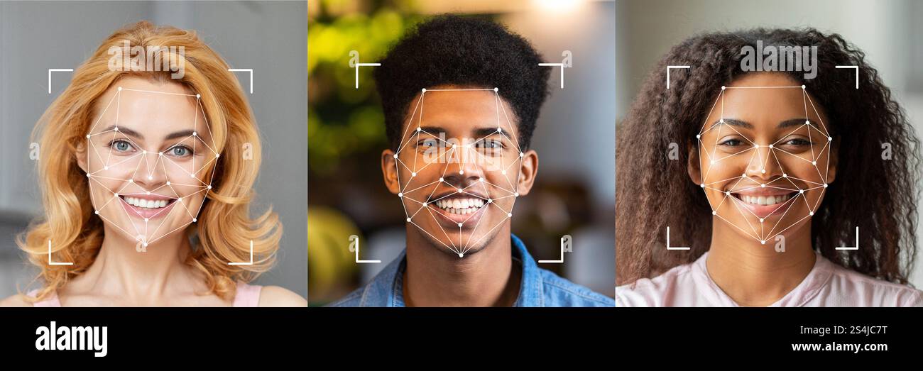 A collage features three diverse individuals with facial recognition ...