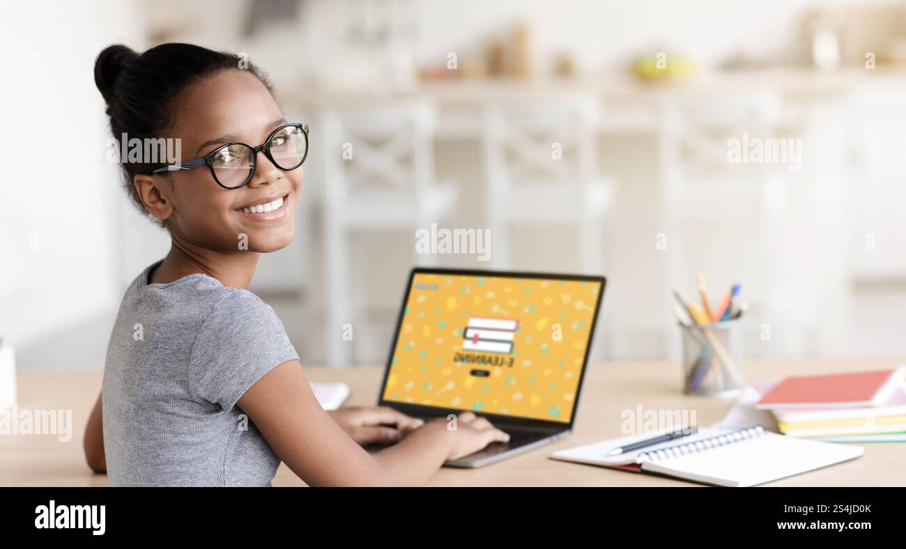 E-Learning Concept. Black Teenage Schoolgirl Study With Laptop At Home ...
