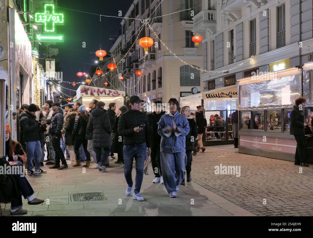 Milan, . 12th Jan, 2025. Lanterns and light decorations in via Paolo ...