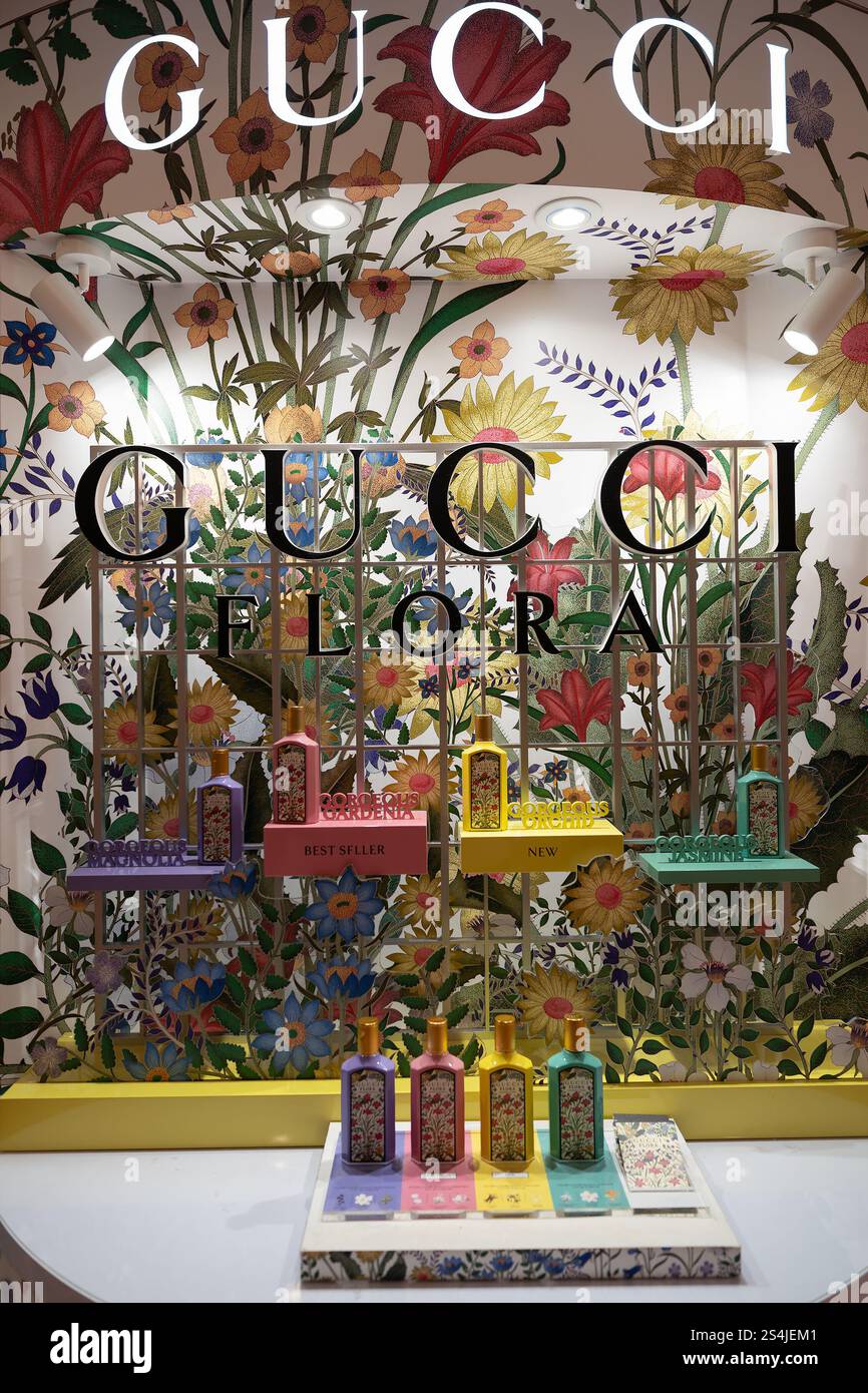 SINGAPORE - AUGUST 24, 2024: Gucci Flora fragrance collection on display at the duty-free area ...