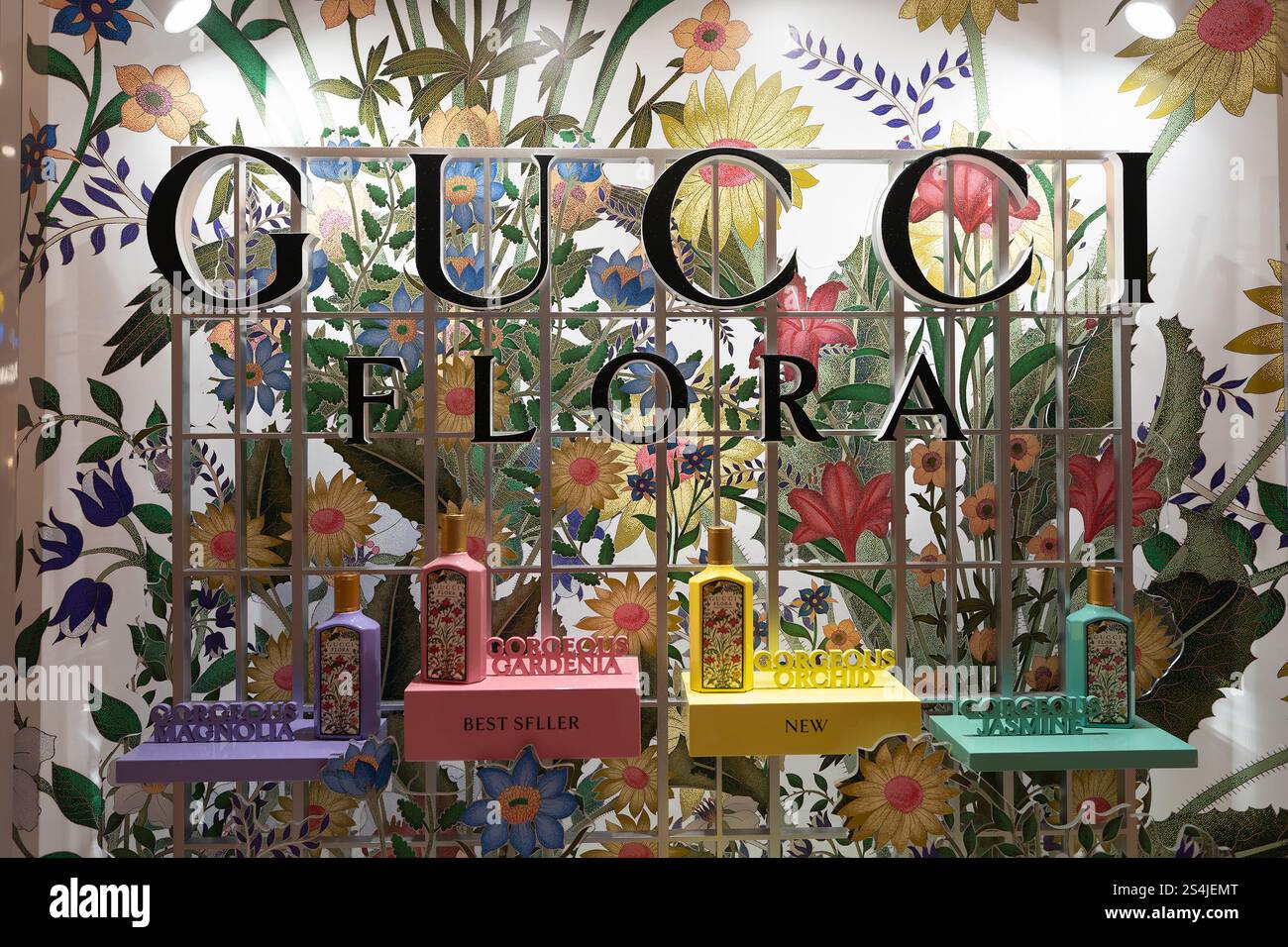 SINGAPORE - AUGUST 24, 2024: Gucci Flora fragrance collection on display at the duty-free area ...