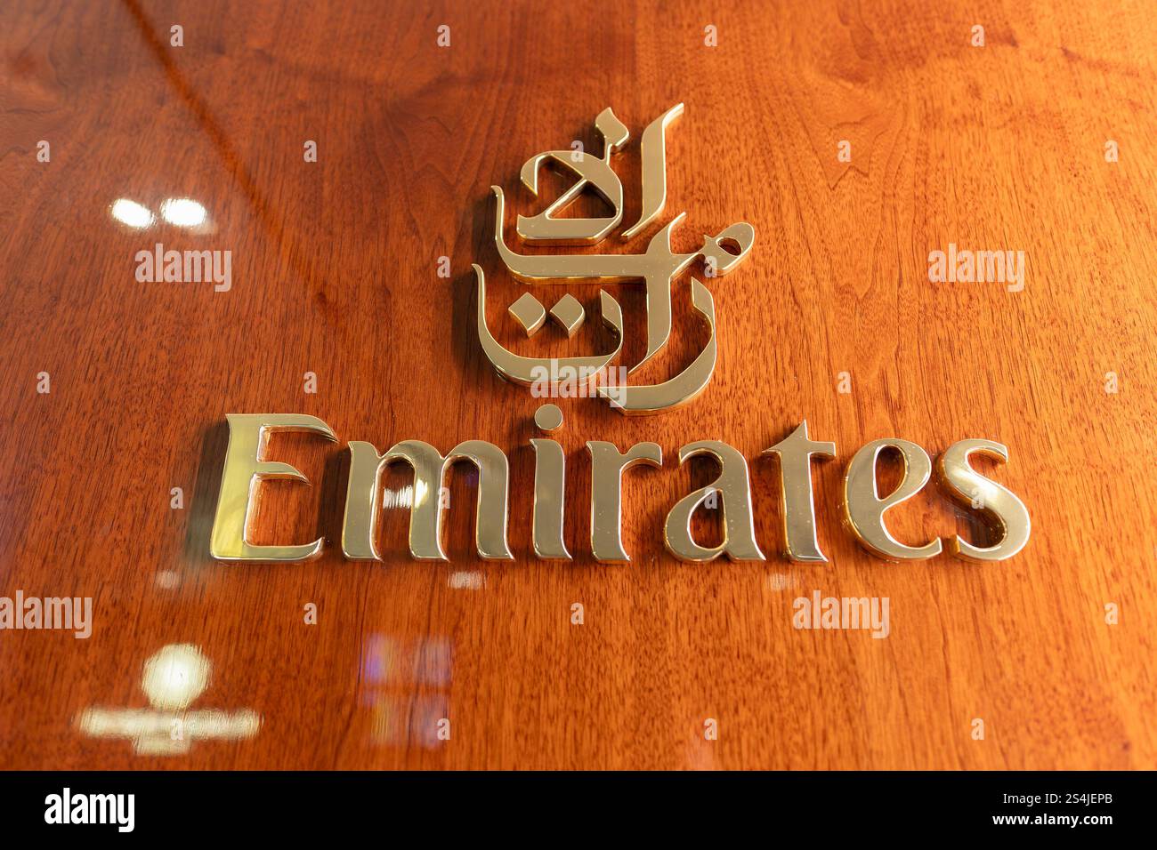 SINGAPORE - AUGUST 24, 2024: close-up shot of Emirates sign, as seen in ...