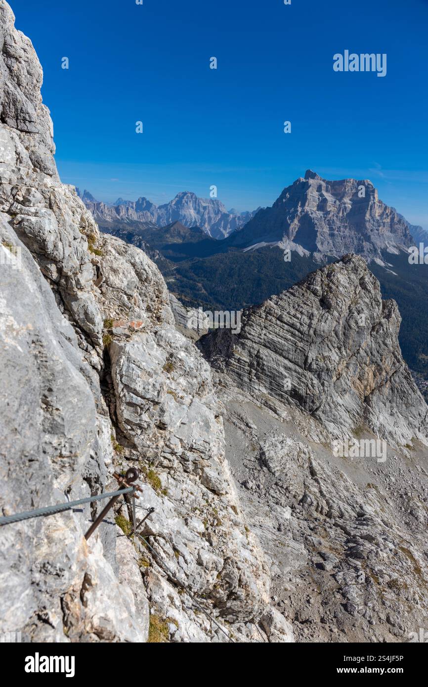 Via ferrata in the Dolomites. Equipped with bridge and steel cable ...