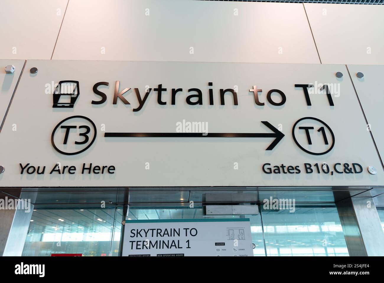 SINGAPORE - AUGUST 25, 2024: sign "SkyTrain to T1" as seen at the ...
