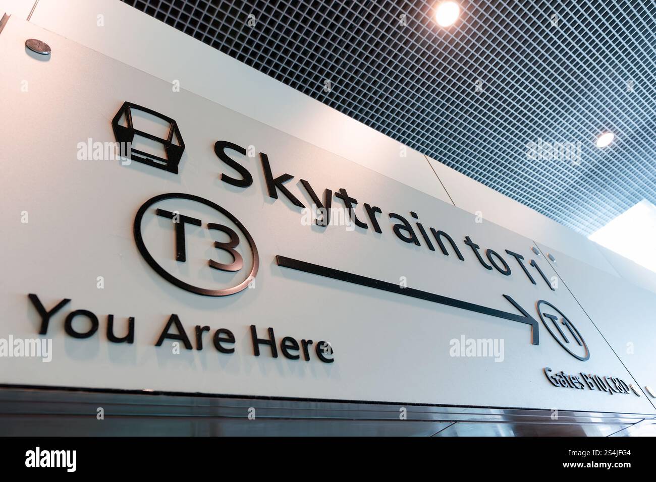 SINGAPORE - AUGUST 25, 2024: sign "SkyTrain to T1" as seen at the ...
