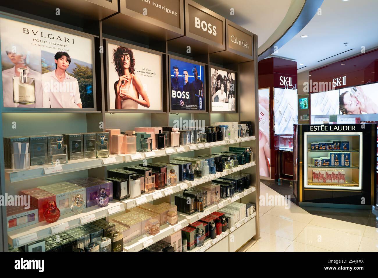 SINGAPORE - AUGUST 25, 2024: various perfumes on display at the duty-free area in Changi ...