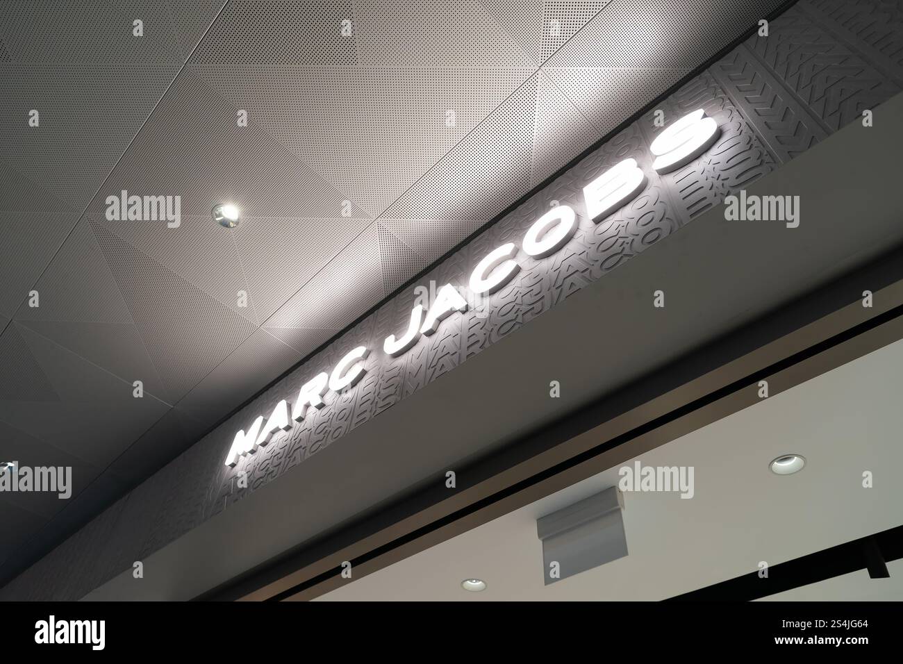 SINGAPORE - AUGUST 25, 2024: Marc Jacobs sign displayed above the store ...