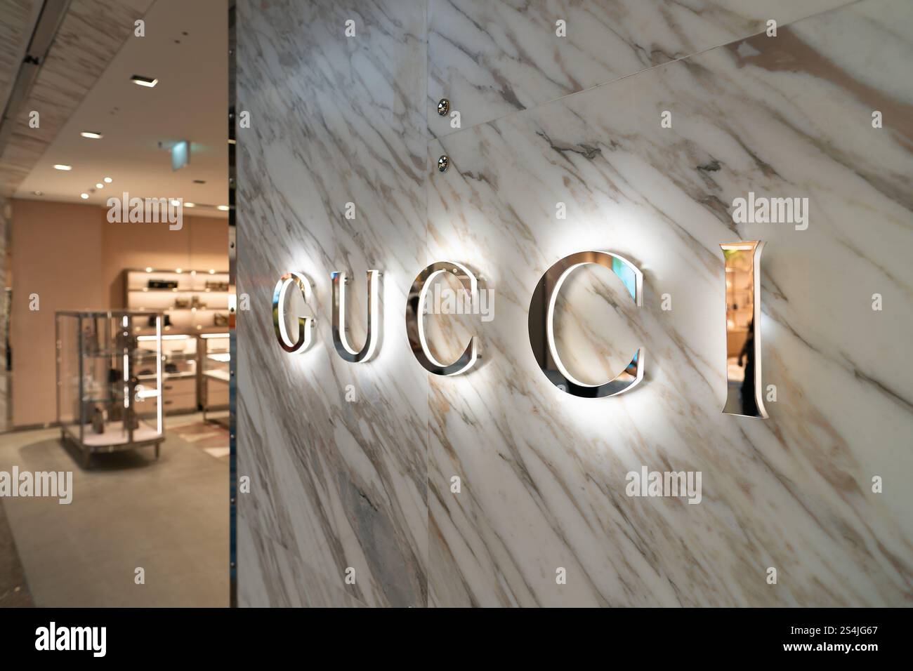 SINGAPORE - AUGUST 25, 2024: close up shot of Gucci sign as seen in ...