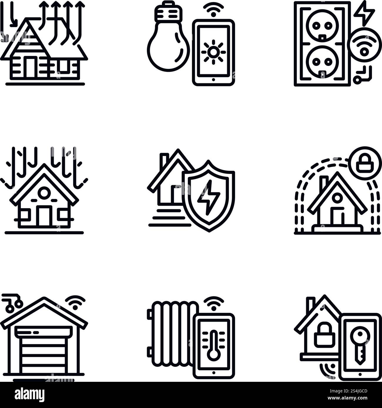 Smart building icon set. Outline set of 9 smart building vector icons ...