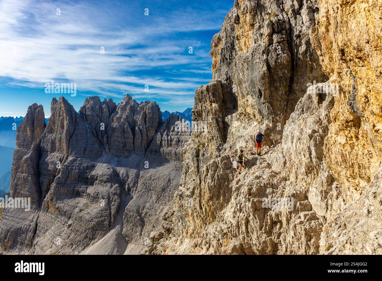 Via ferrata in the Dolomites. Equipped with bridge and steel cable ...