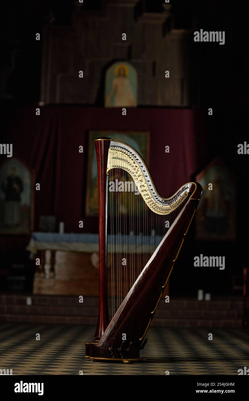 Vertical background shot of elegant antique harp with wooden frame ...