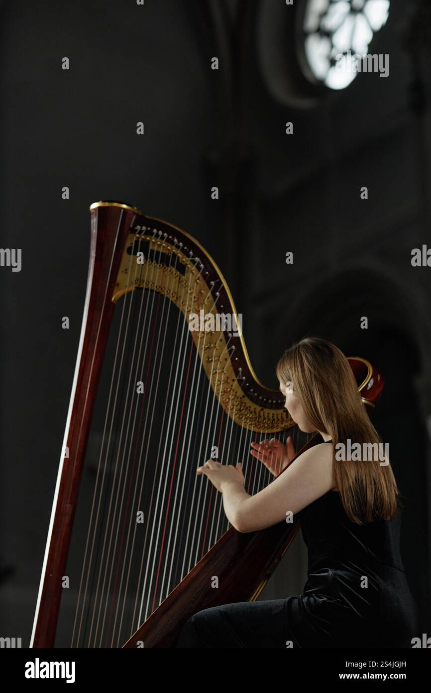 Vertical shot of young female musician strumming strings of harp ...