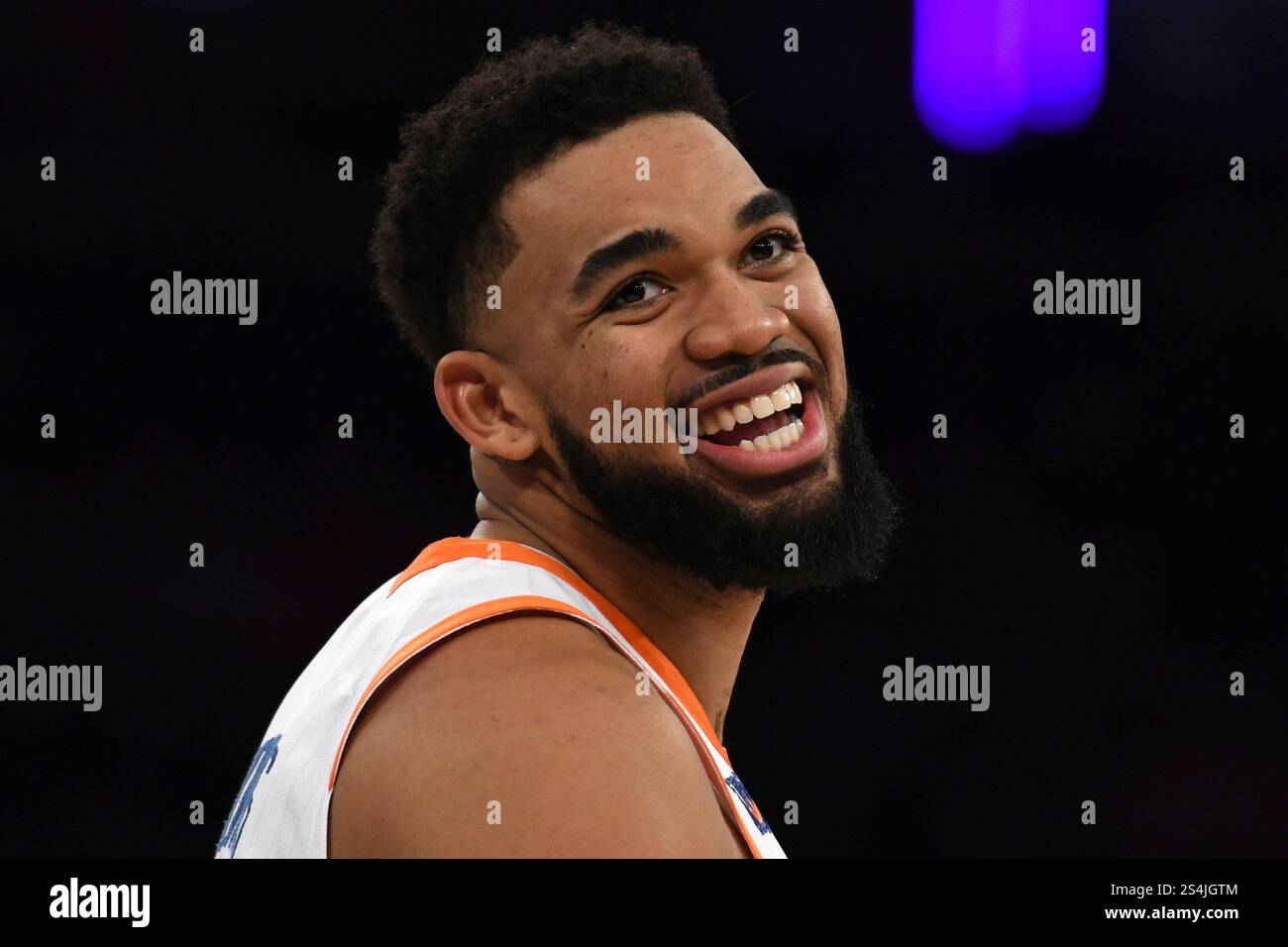 New York Knicks' Karl-Anthony Towns smiles on the court during the ...