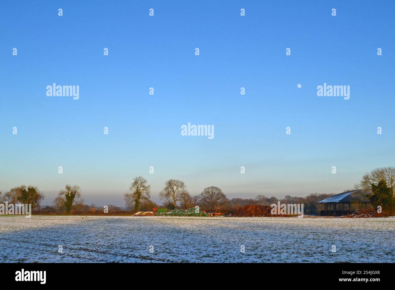 Wintry scenes in farmland on the North Downs high plateau east of Shoreham, Kent, in January ...