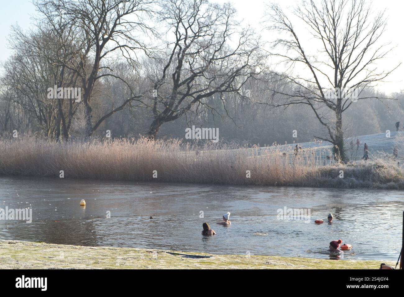 Swimmers in the lake at Beckenham Place Park, Bromley, London, despite ...