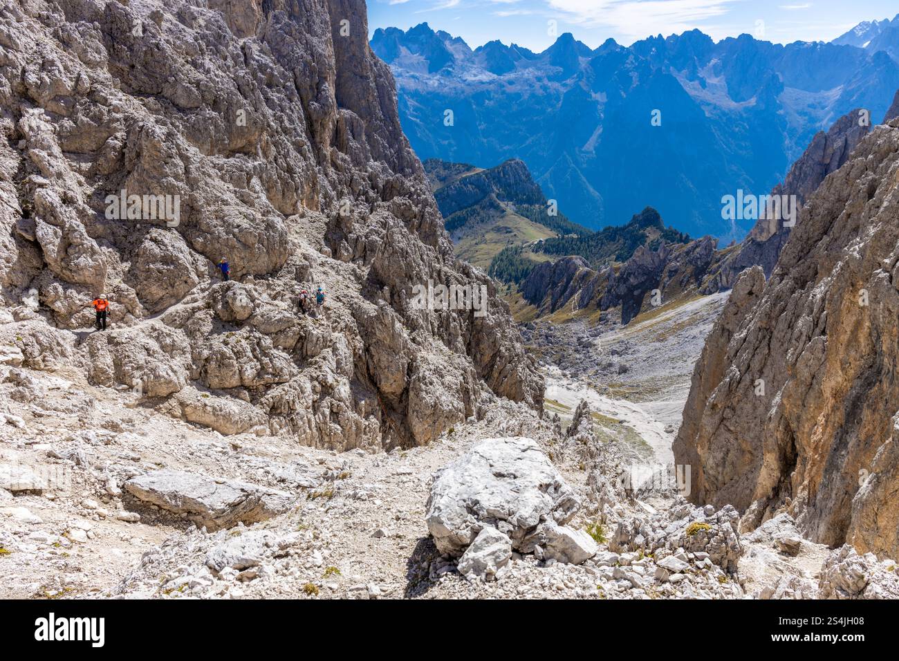 Via ferrata in the Dolomites. Equipped with bridge and steel cable ...