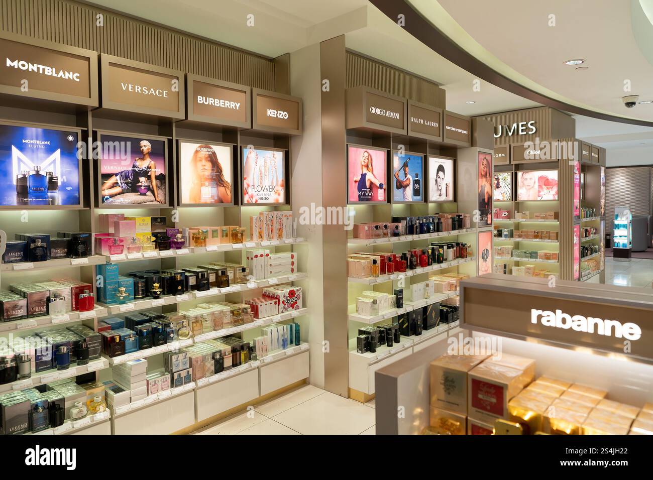 SINGAPORE - AUGUST 25, 2024: various perfumes on display at the duty-free area in Changi ...