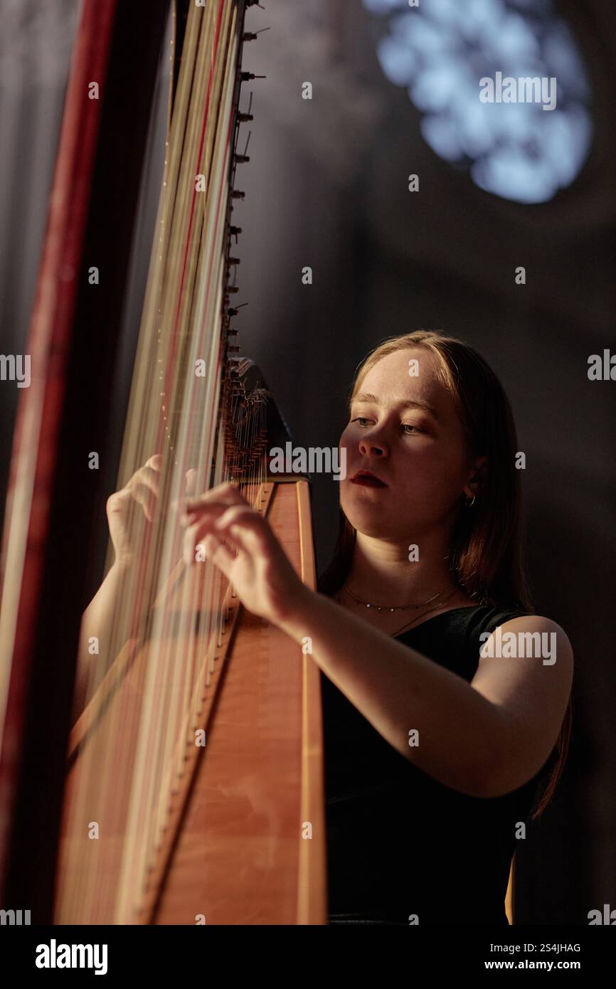 Vertical portrait of young woman playing harp softly plunking strings ...