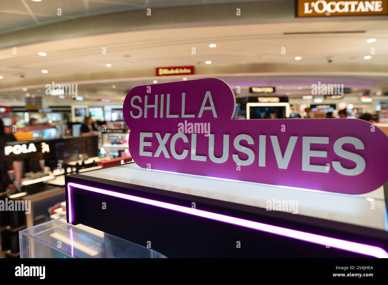 SINGAPORE - AUGUST 25, 2024: close up shot of Shilla Exclusive sign as ...