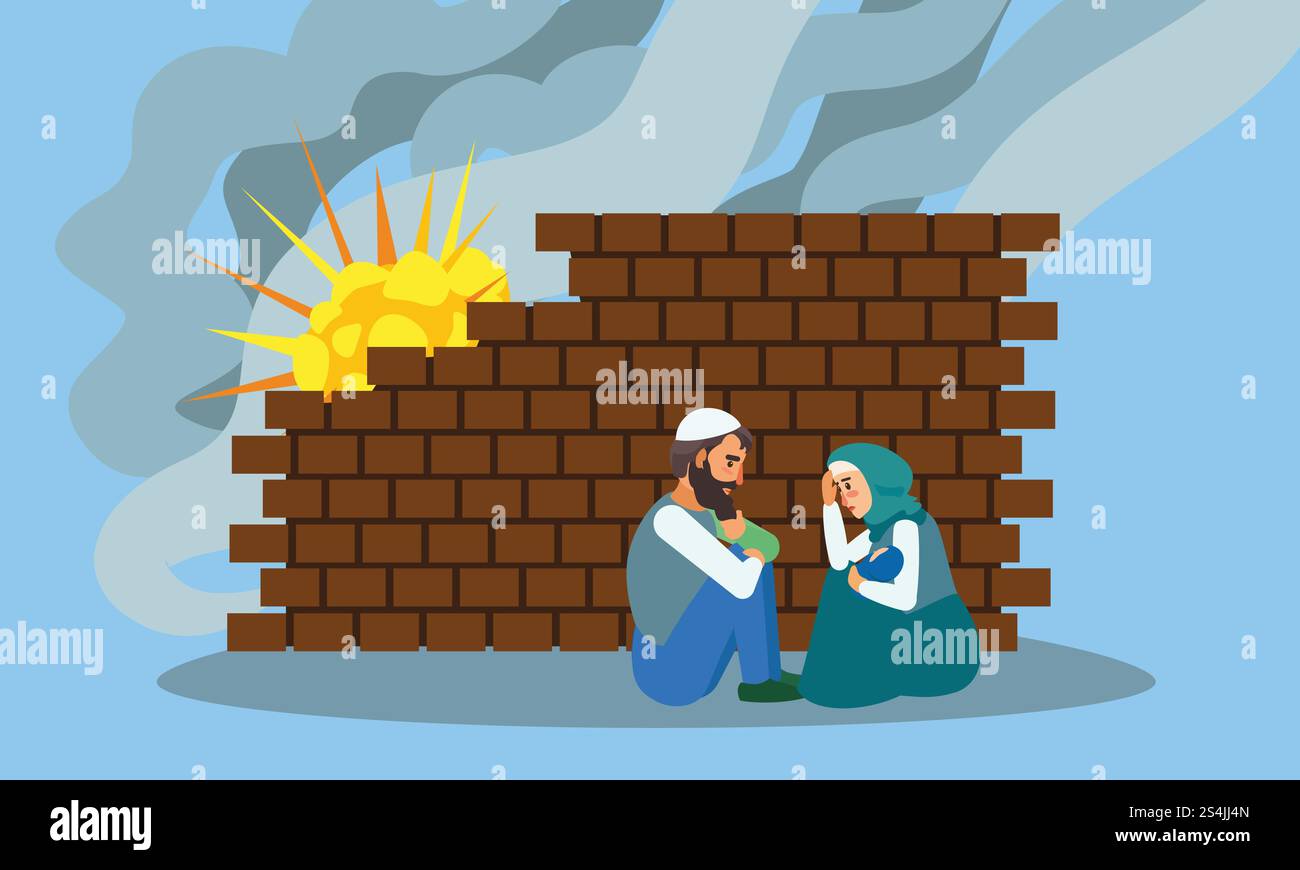 Woman man hide after explosion concept banner. Flat illustration of ...