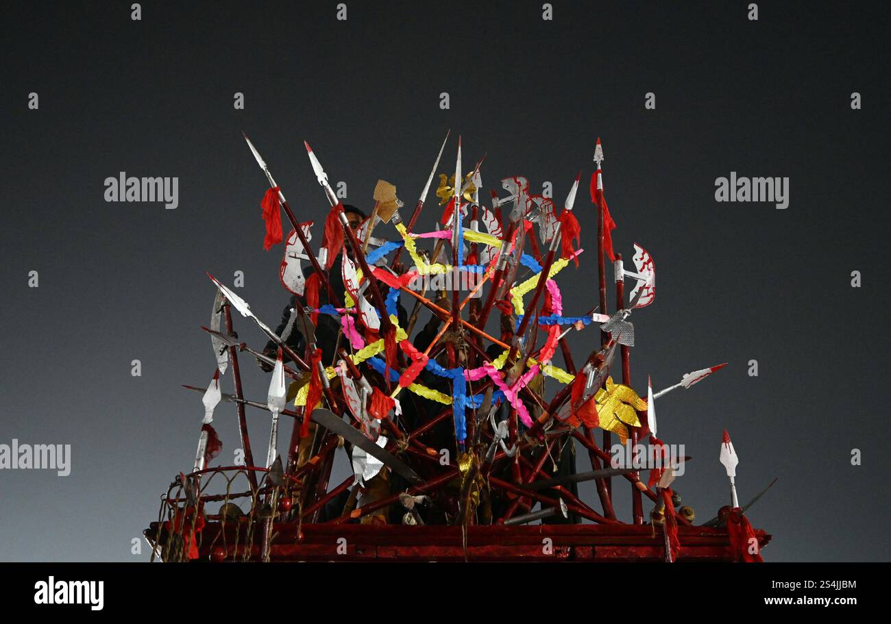PRAYAGRAJ, INDIA - JANUARY 12: Weapon display during Chavani Pravesh of ...