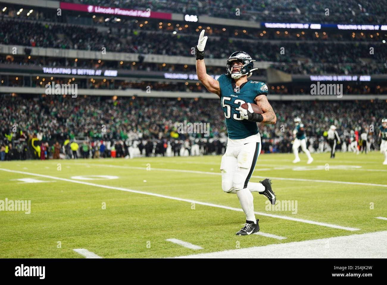 Philadelphia Eagles linebacker Zack Baun (53) celebrates making an ...