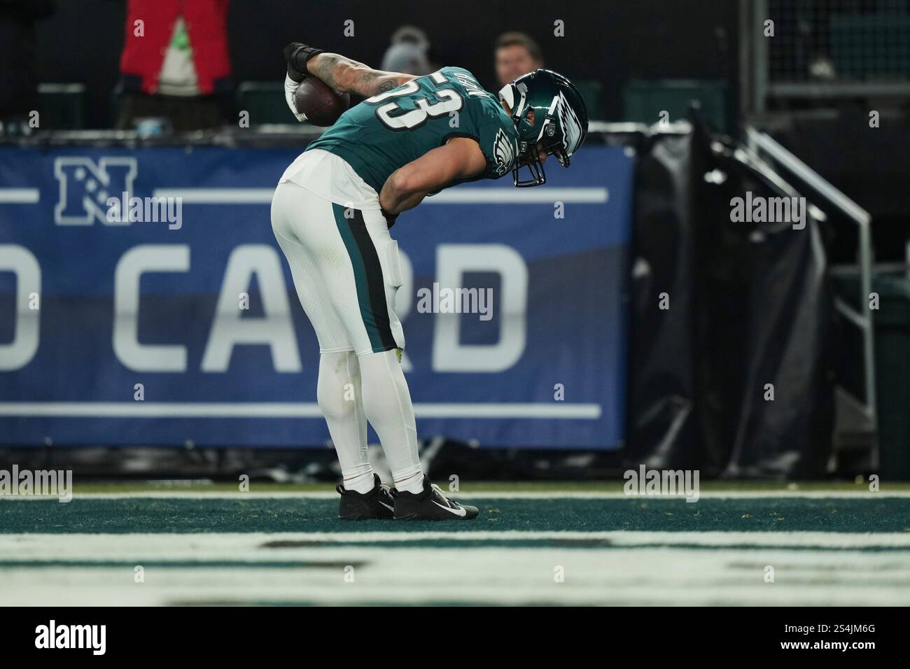 Philadelphia Eagles linebacker Zack Baun celebrates an interception ...