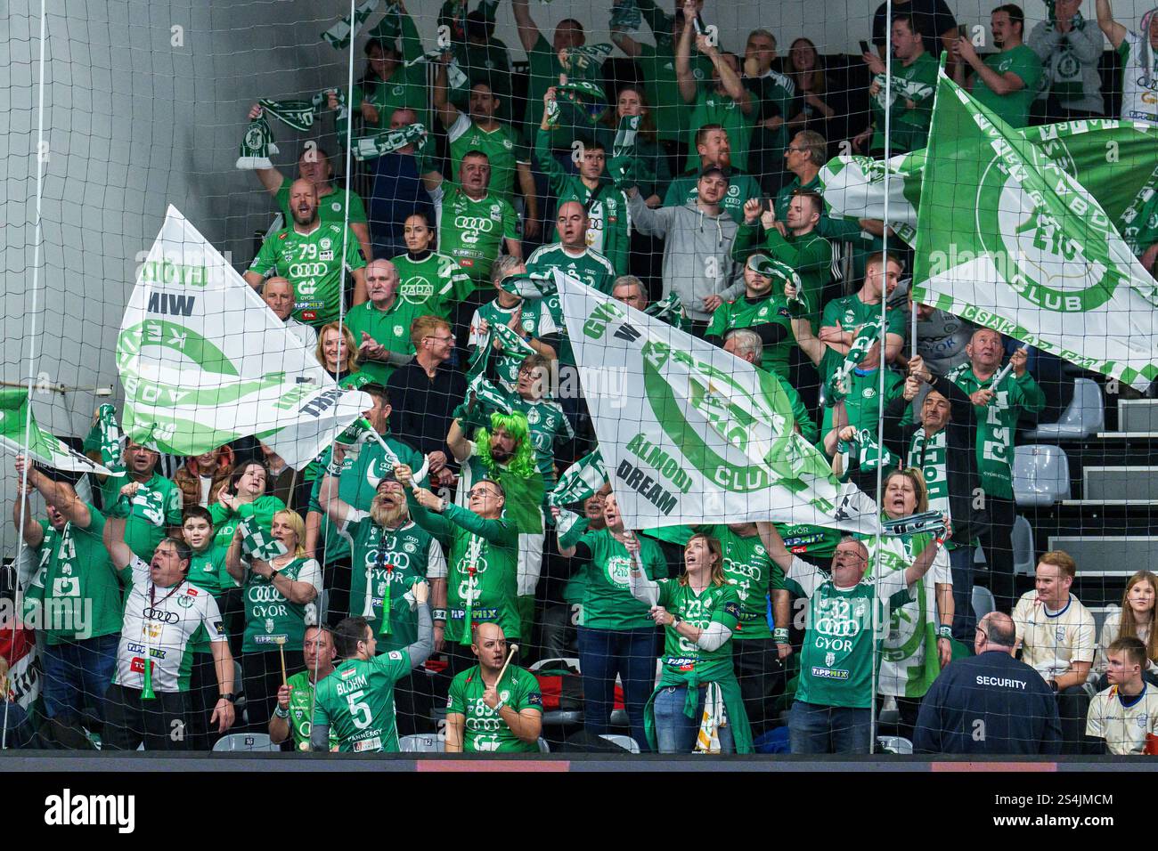 Odense, Denmark. 12th Jan, 2025. Handball fans of Györi Audi ETO KC ...