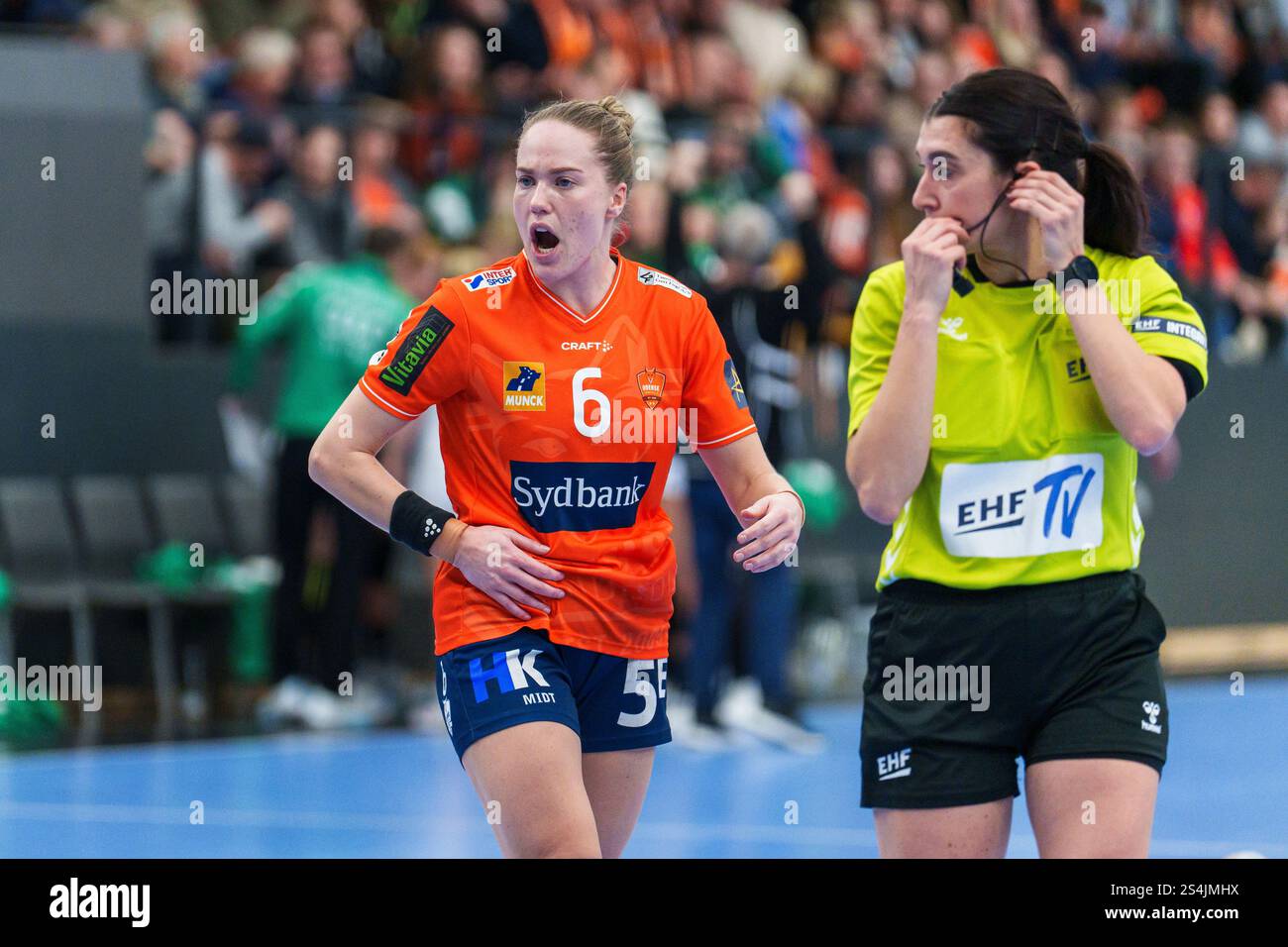 Odense, Denmark. 12th, January 2025. Malin Aune (6) of Odense Handball ...