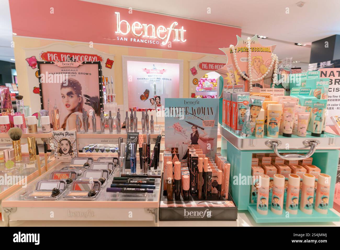 Hong Kong, China - February 03, 2019: Benefit cosmetics displayed in a ...