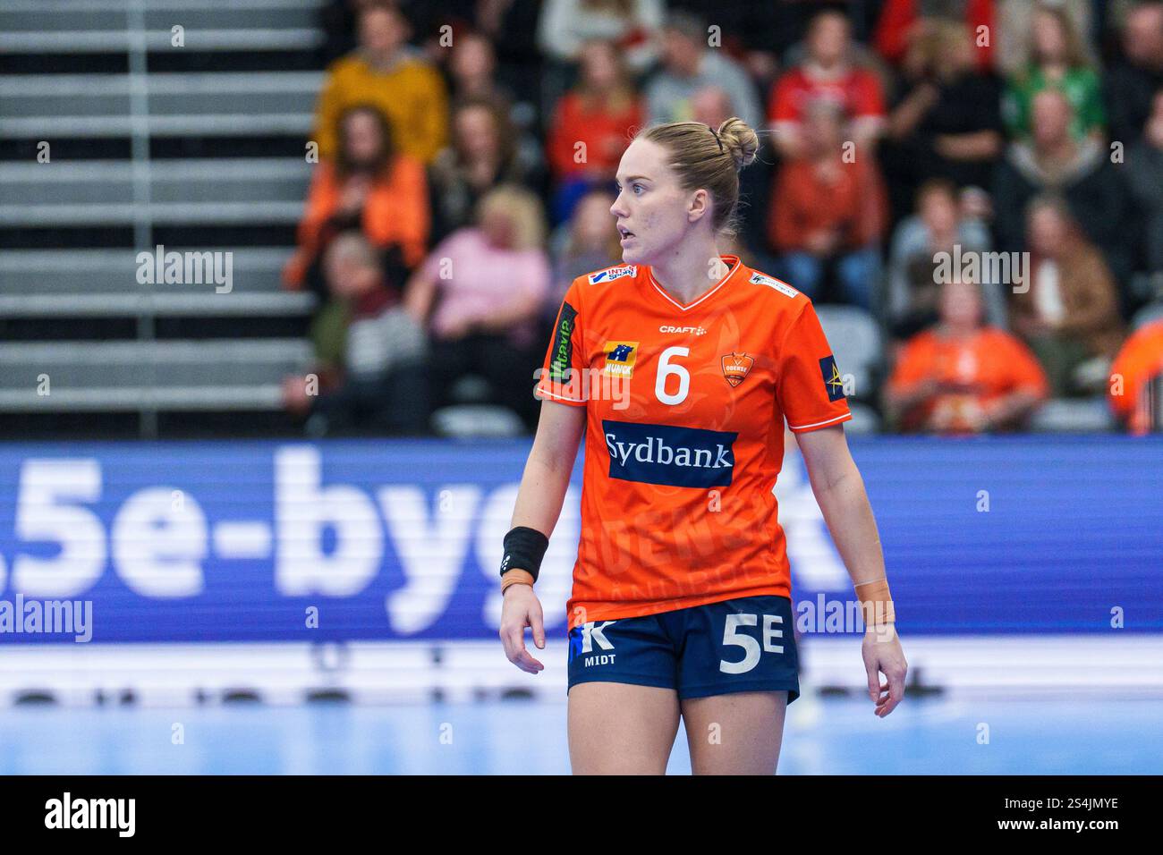 Odense, Denmark. 12th Jan, 2025. Malin Aune (6) of Odense Handball seen ...