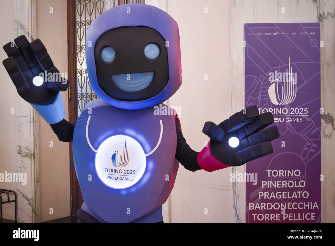 Turin, Italy. 12th Jan, 2025. “TO Tag”, the mascot for Torino 2025 FISU ...