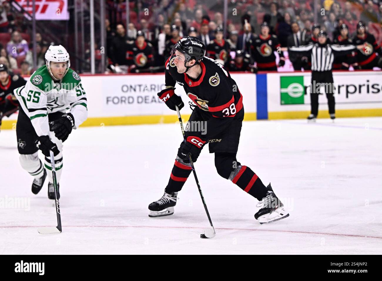 Ottawa Senators' Zack Ostapchuk (38) lines up a shot as Dallas Stars ...